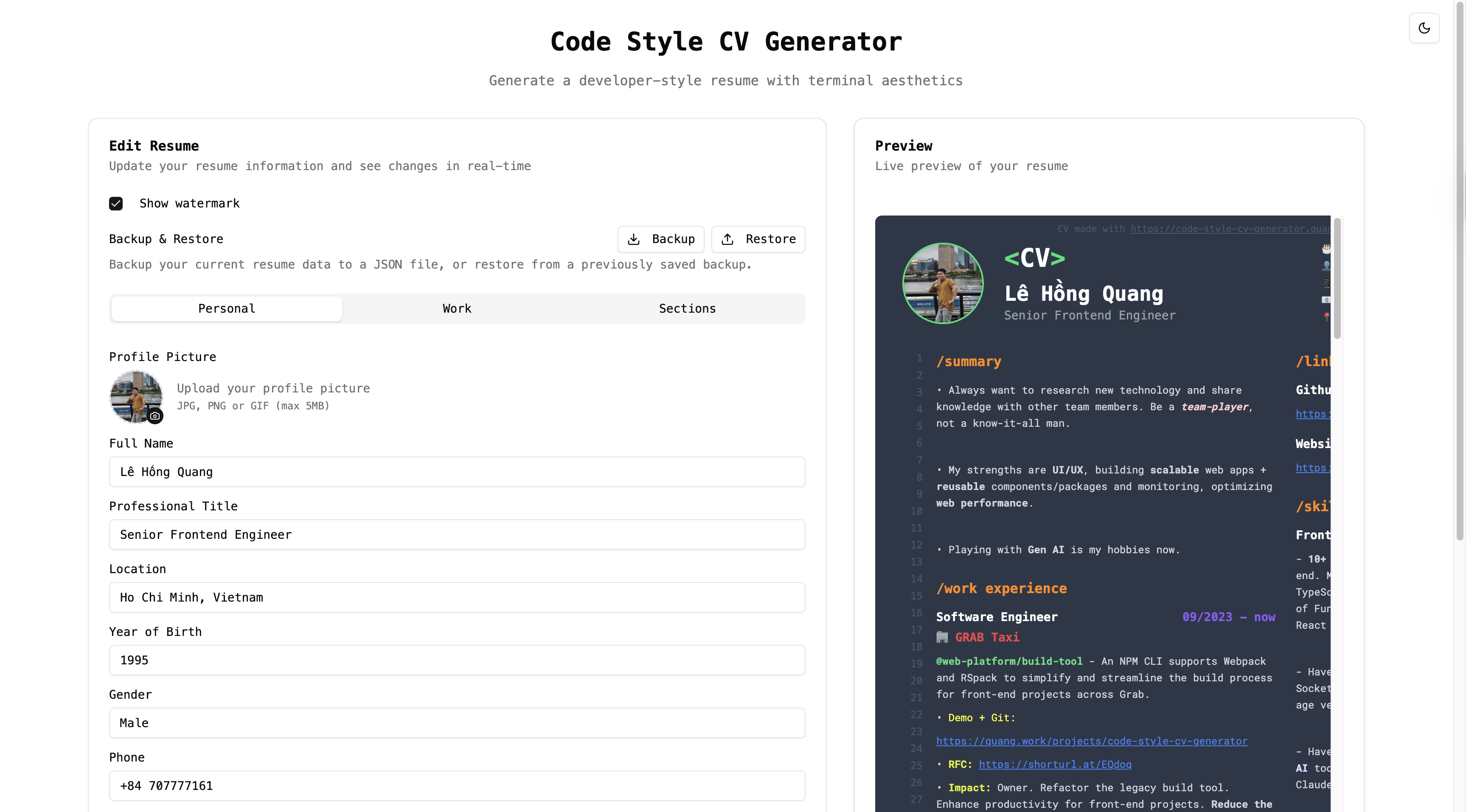 Code Style CV Generator - Create Professional Developer Resumes